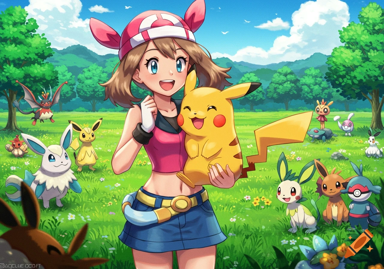 Pokemon trainer May holds Pikachu in a grassy field surrounded by other ...