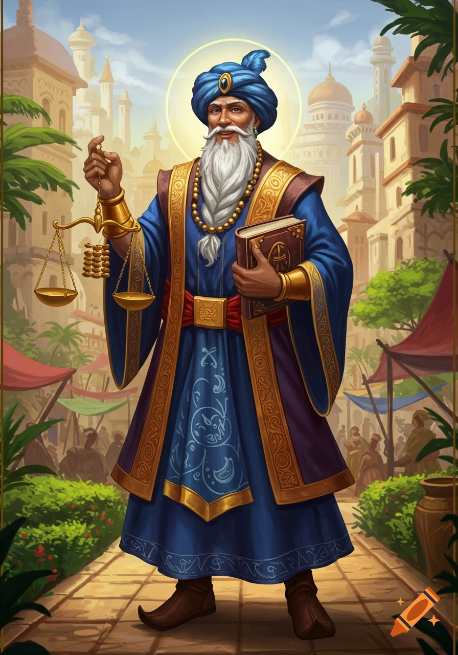 A fantasy character resembling a merchant god holds scales and a book ...