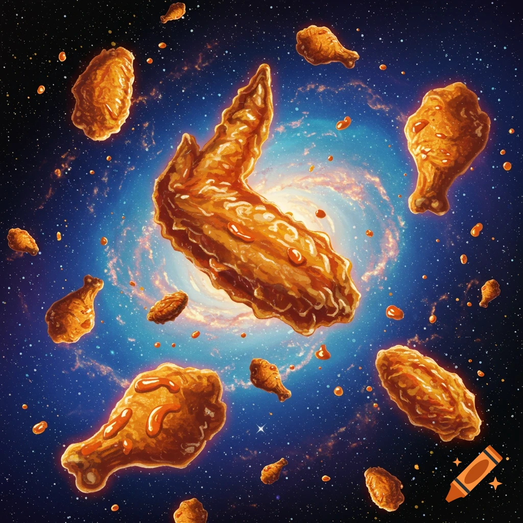 Fried chicken wings and drumsticks floating in space with a galaxy and ...