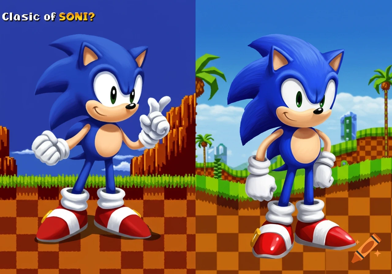 Split image of classic Sonic the Hedgehog on the left and modern Sonic ...