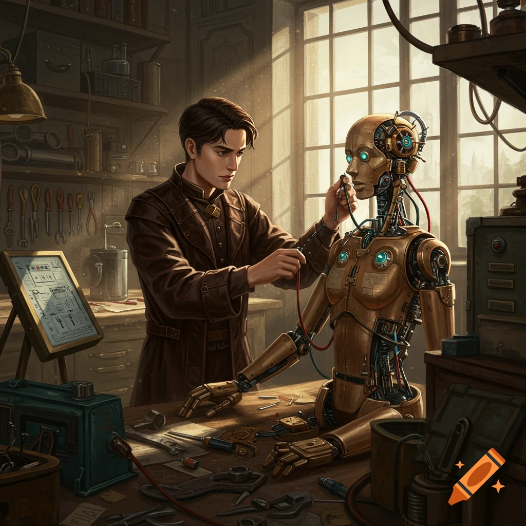 A Victorian man works on a steampunk humanoid android in a cluttered ...