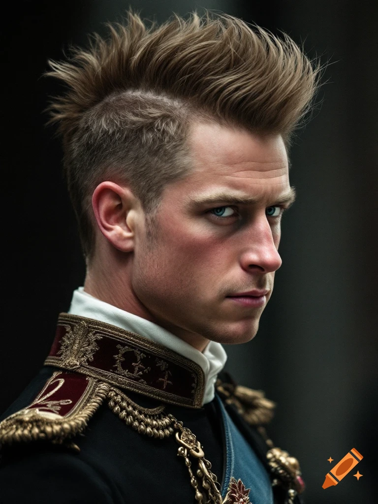 Close-up portrait of a man with a mohawk wearing an ornate military ...