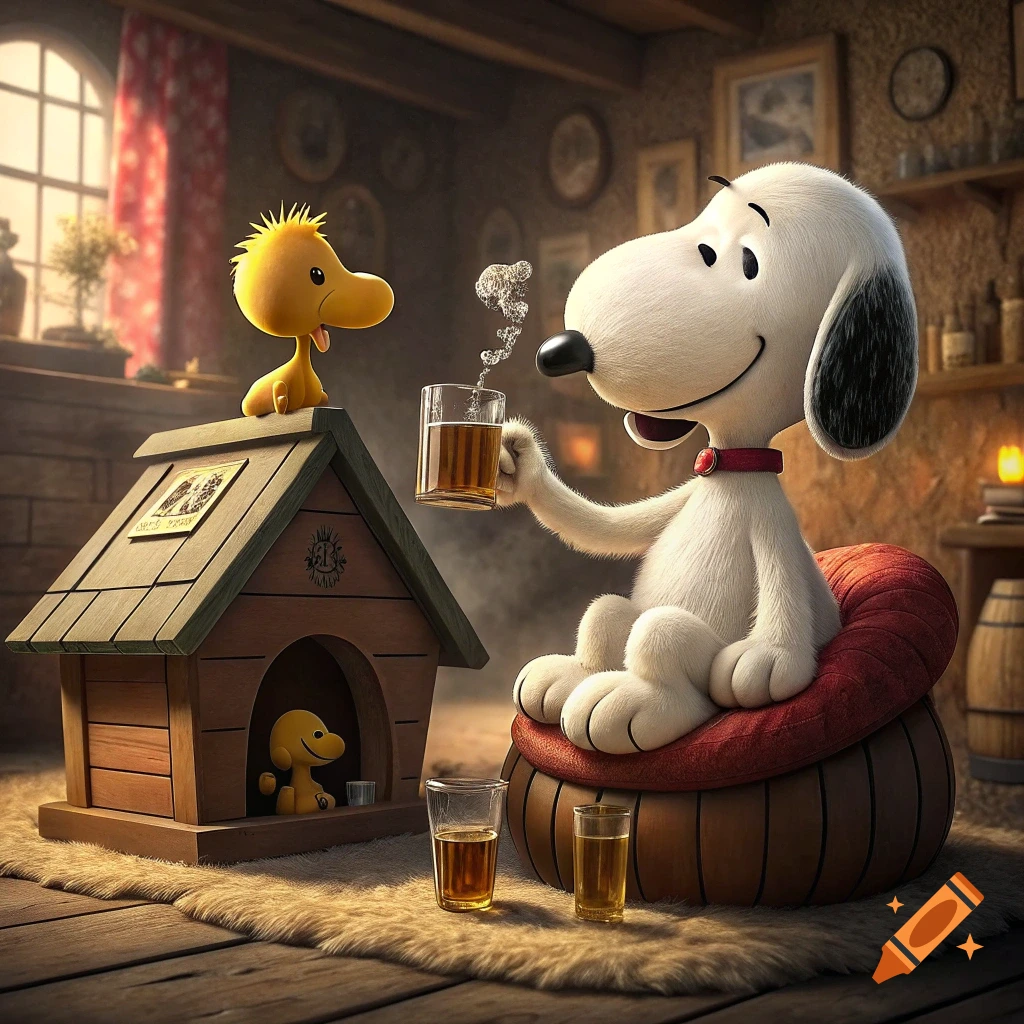 Snoopy and Woodstock in a cozy room with Snoopy holding a drink ...