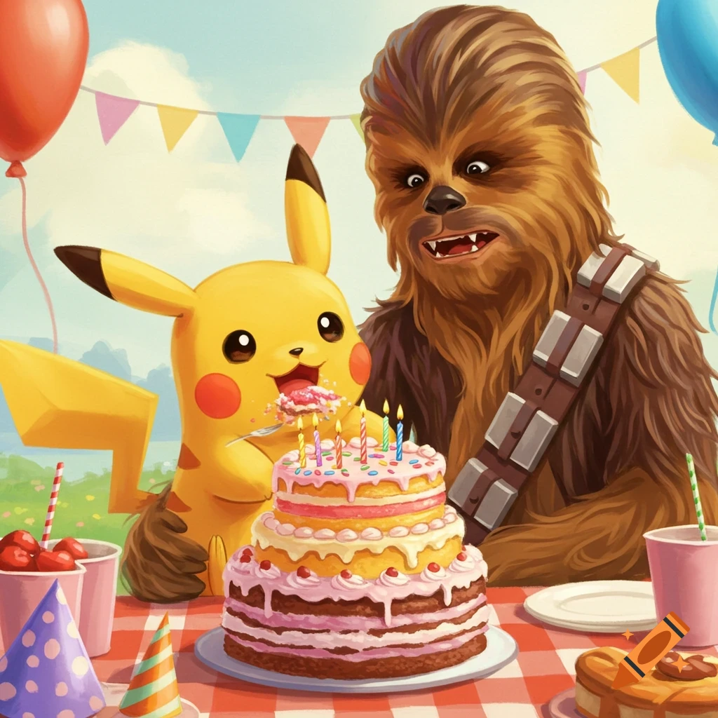Pikachu and Chewbacca eat birthday cake at a party with balloons and ...
