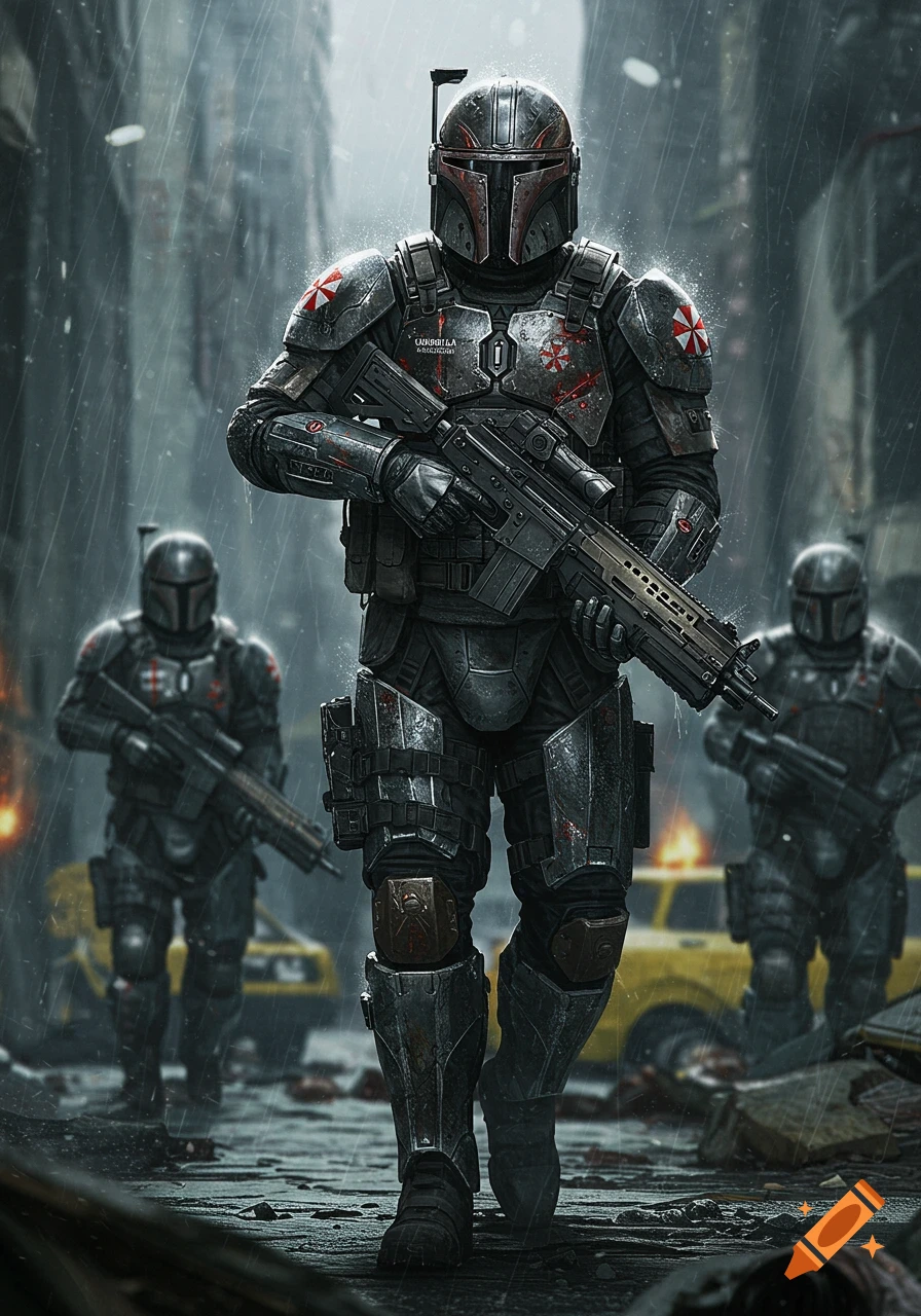 Mandalorian soldiers in Umbrella Corporation armor stand in a rainy ...