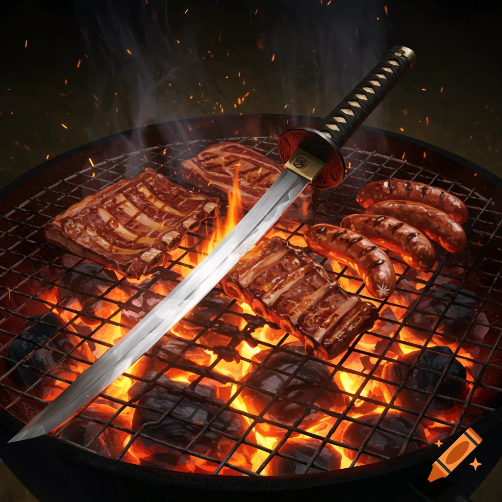 A katana sword rests on a BBQ grill with cooking ribs and sausages over ...