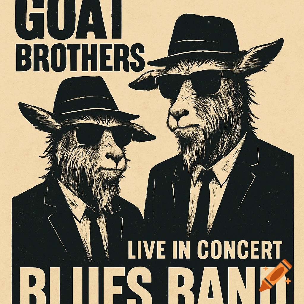 A vintage-style band poster featuring two goats wearing suits, ties ...