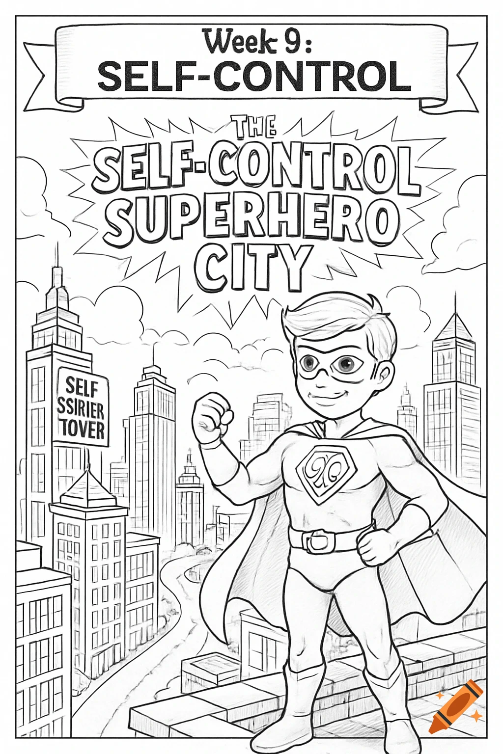 Line drawing of a superhero child in a city, coloring page style on Craiyon