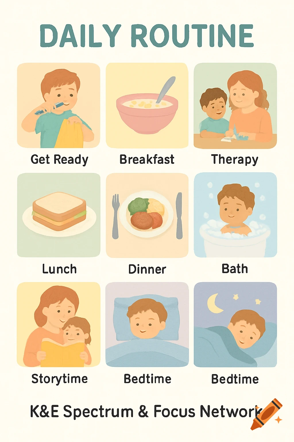 Kid-friendly daily routine chart with 9 illustrated panels showing ...