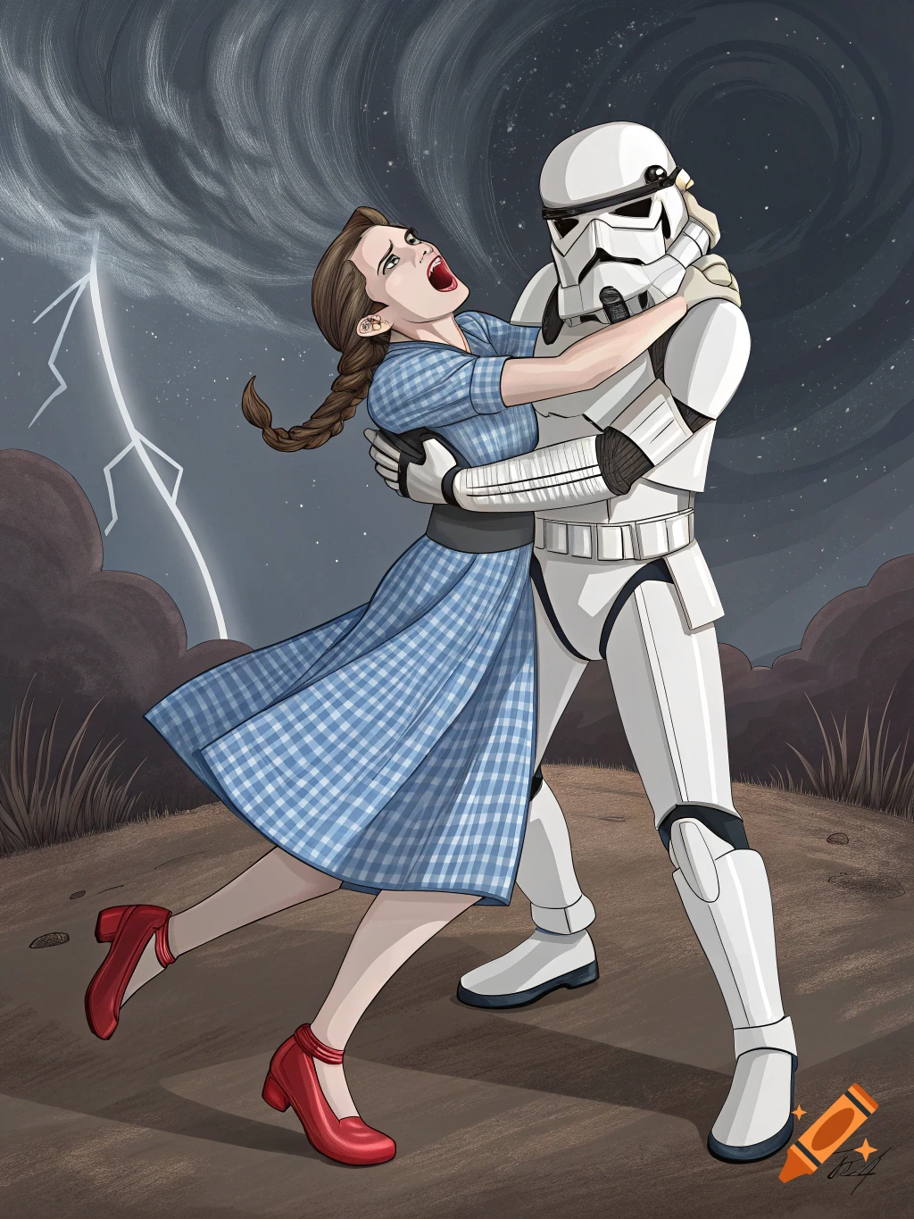 Dorothy in a blue dress embracing a Stormtrooper during a storm with ...