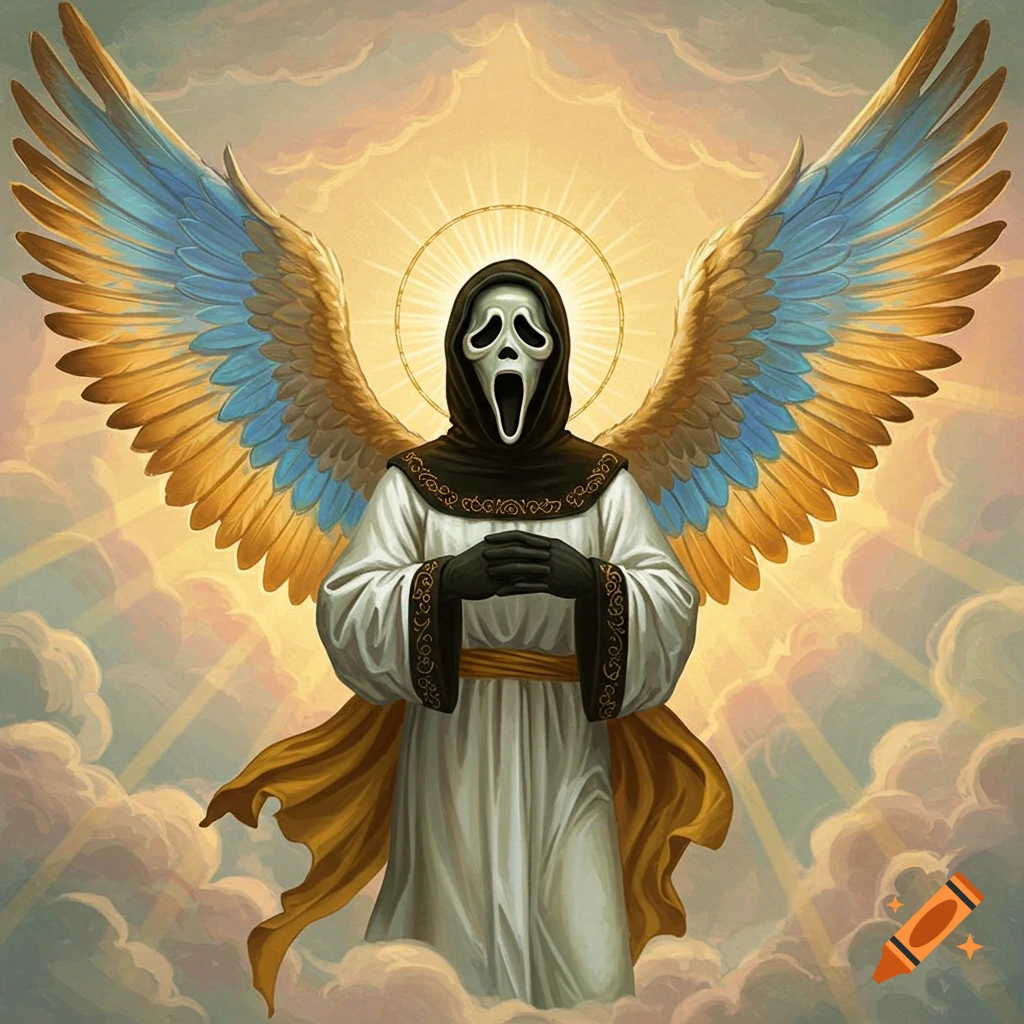 Ghostface character with large angel wings and a halo floating in ...