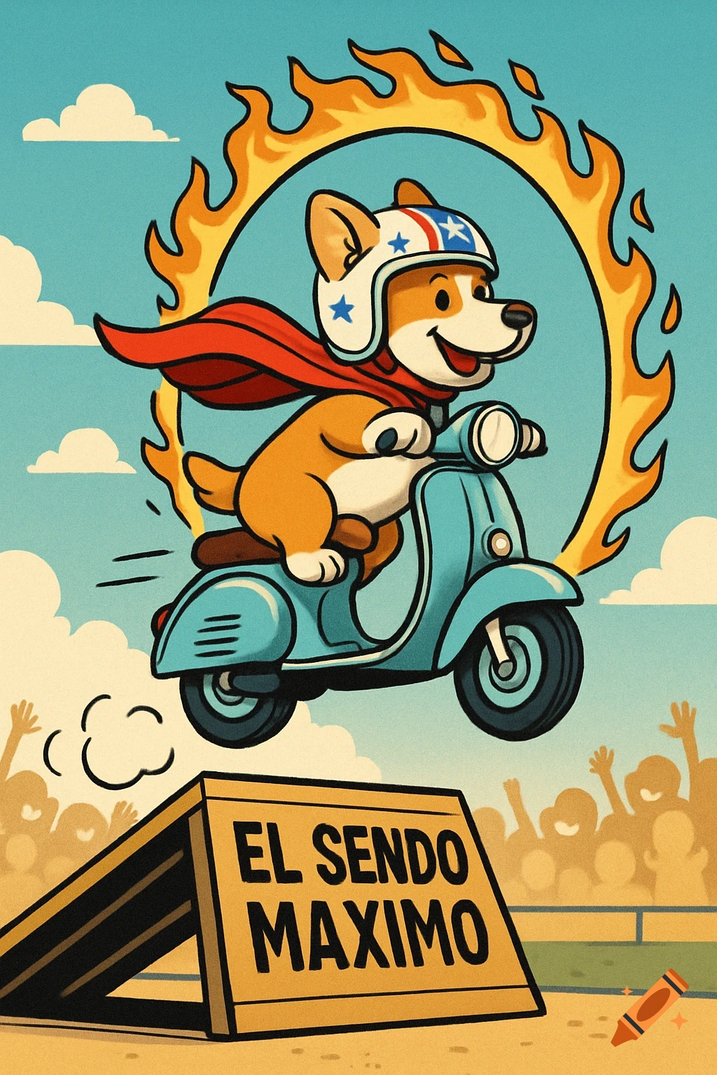 Cartoon of a corgi on a scooter jumping through a ring of fire over a ...
