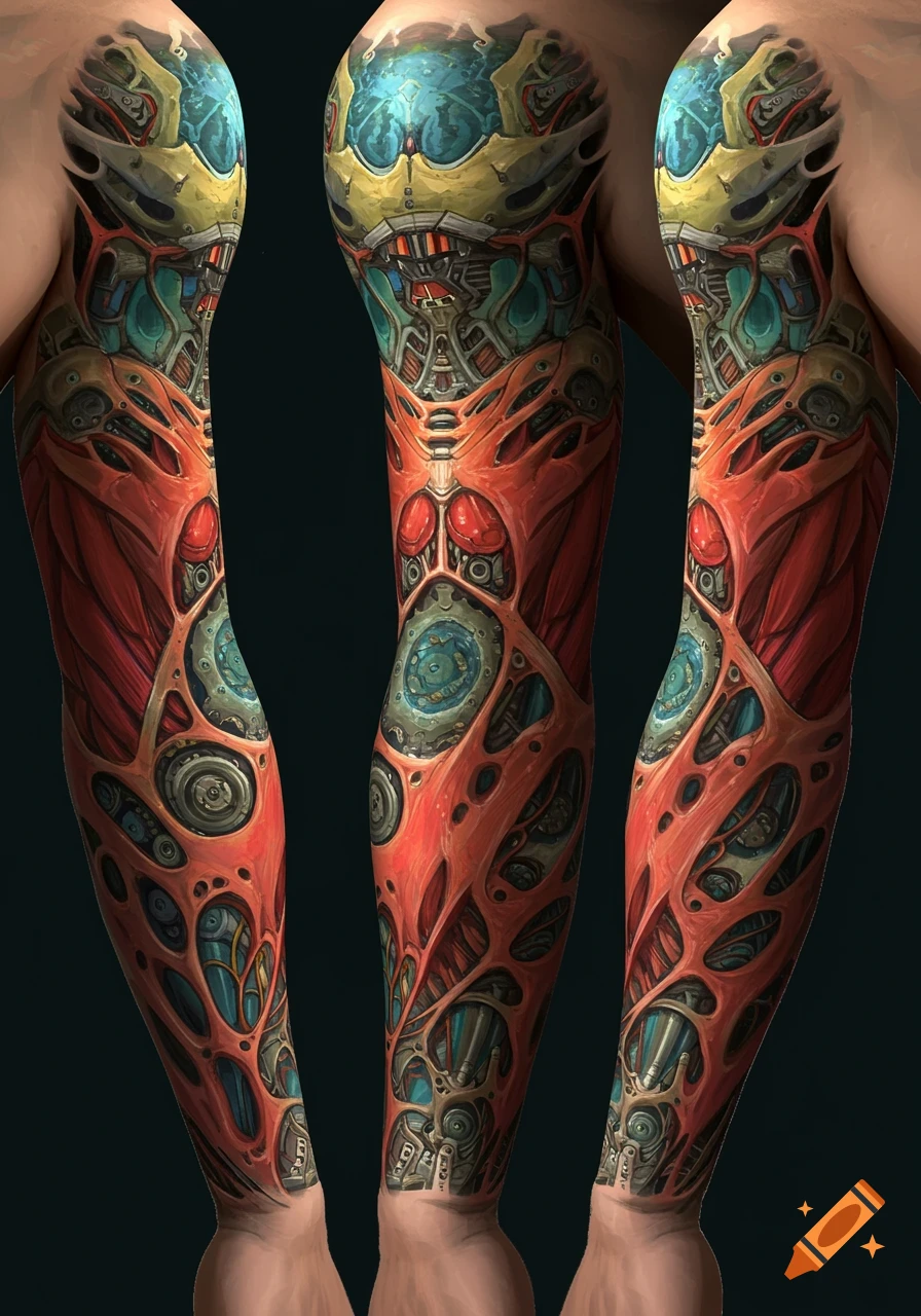 Biomechanical tattoo design covering a full arm, showing muscle, tissue ...