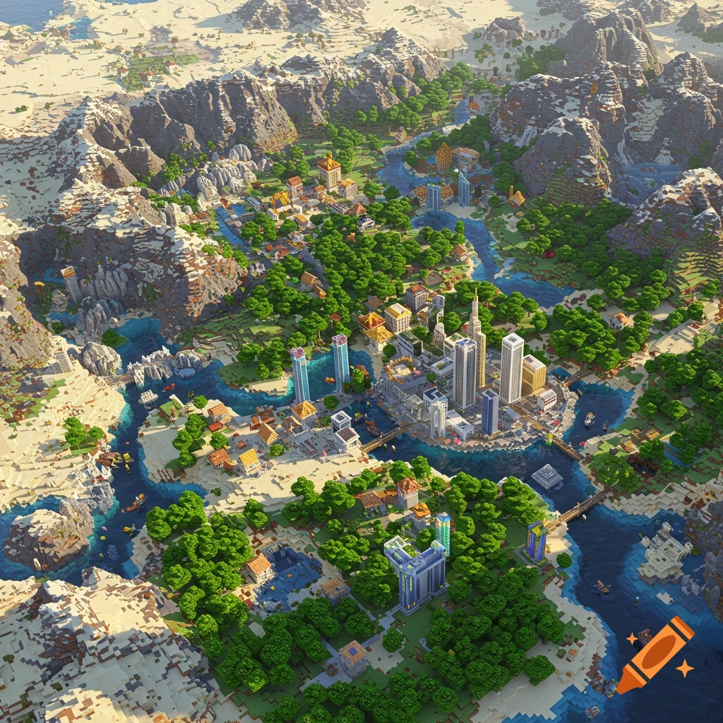 Aerial view of a vast Minecraft world with mountains, a river, forests ...