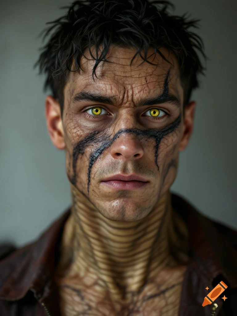 A photorealistic portrait of a man with yellow, slitted eyes, scaly ...