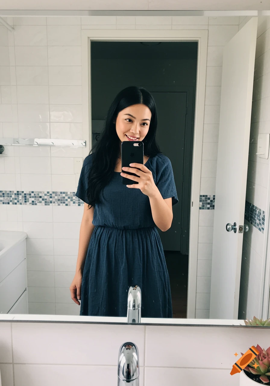 A woman in a blue dress takes a selfie in a bathroom mirror. on Craiyon