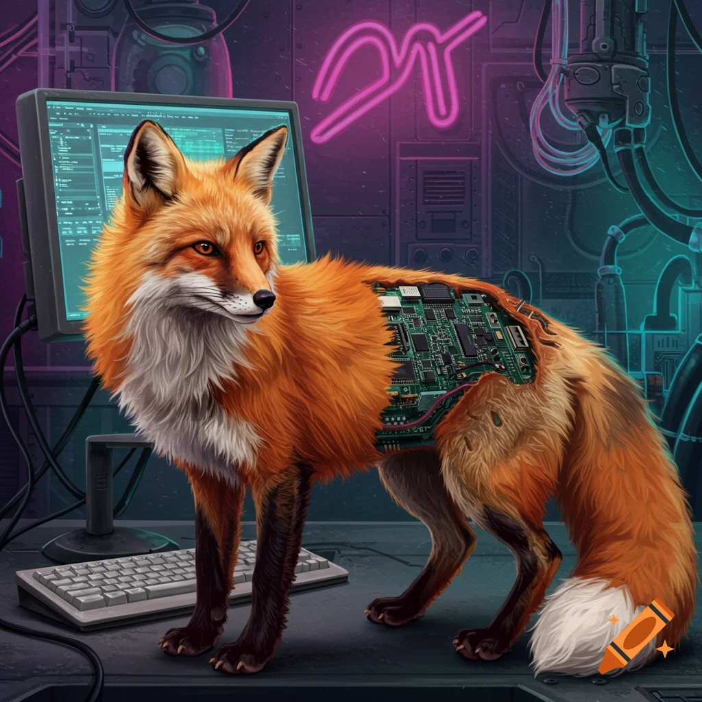 A cybernetic fox stands next to a computer in a cyberpunk room with ...