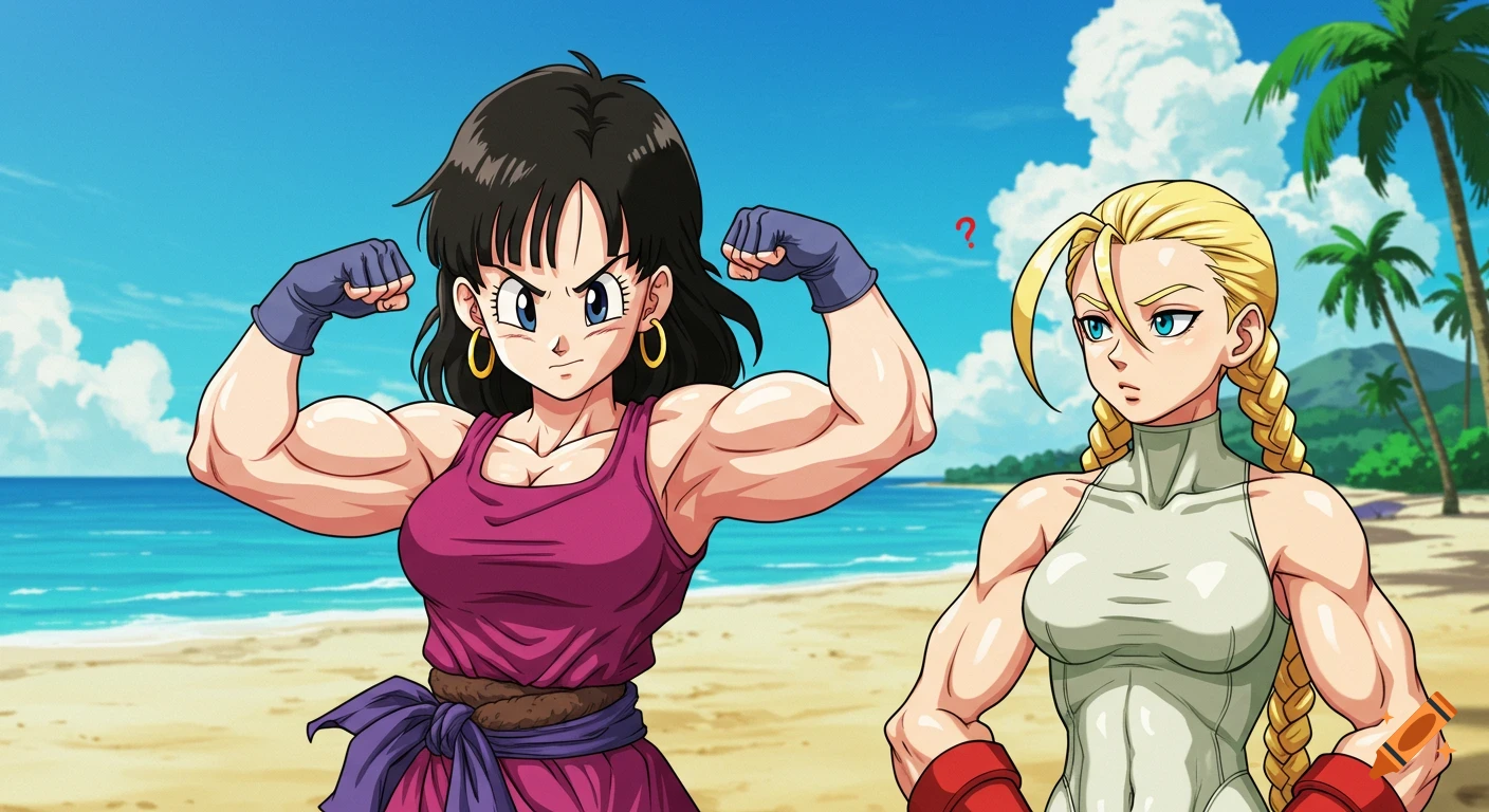 Videl flexes biceps in front of Cammy White on a beach in anime style ...