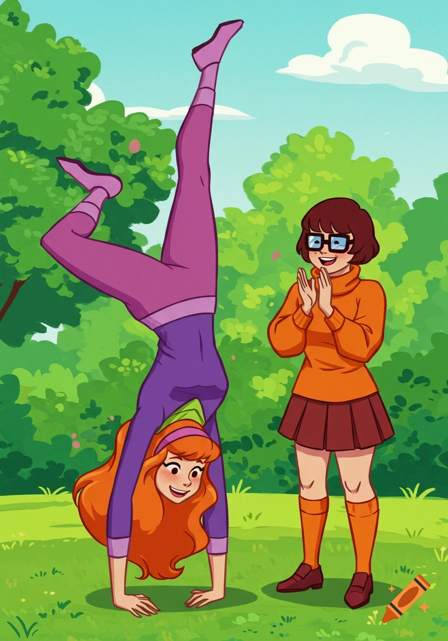 Daphne from Scooby-Doo does a handstand in a park while Velma watches ...