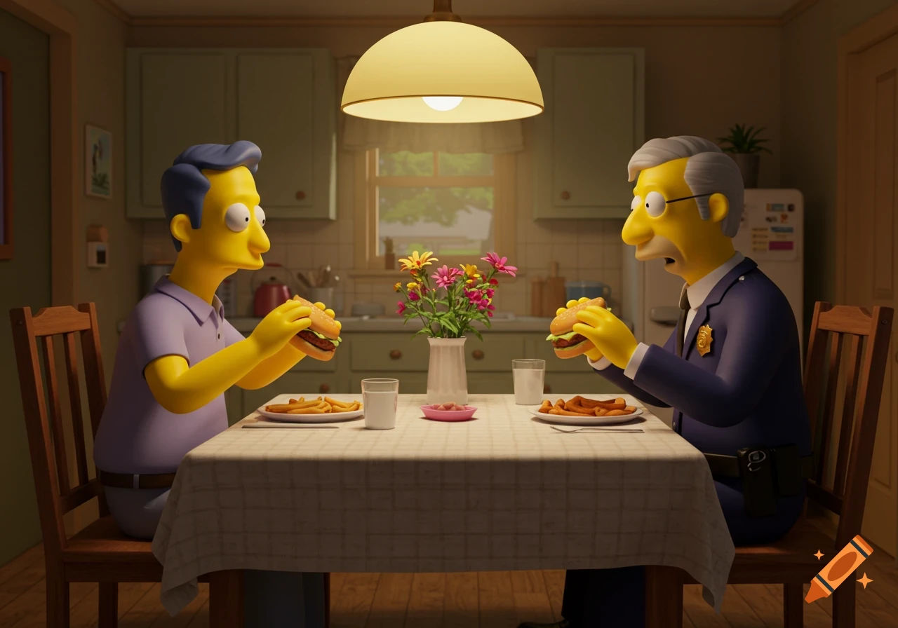 Two characters resembling The Simpsons eating burgers at a table in a ...
