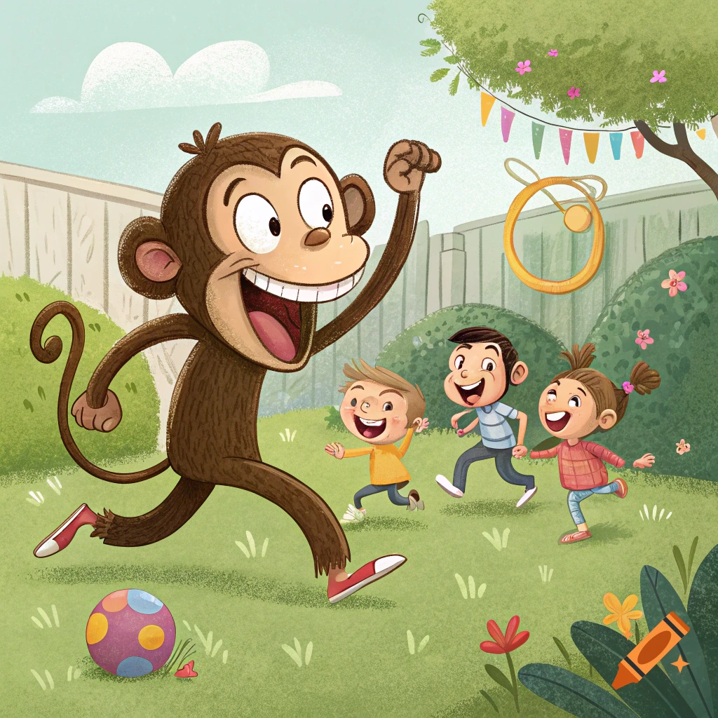 Cartoon illustration of a monkey chasing children in a backyard. on Craiyon
