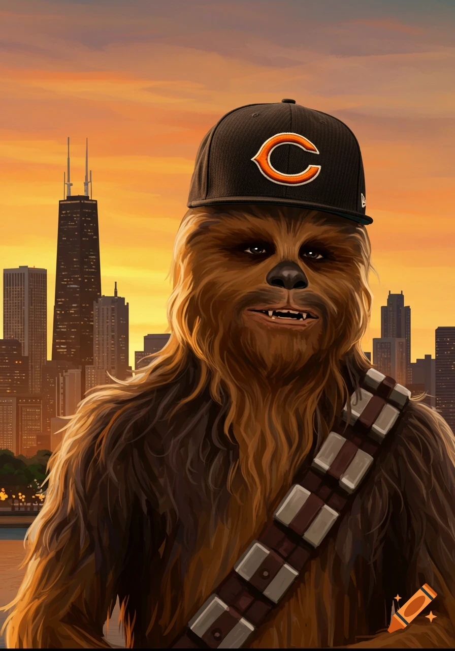 Chewbacca wearing a Chicago Bears hat in front of the Chicago skyline ...