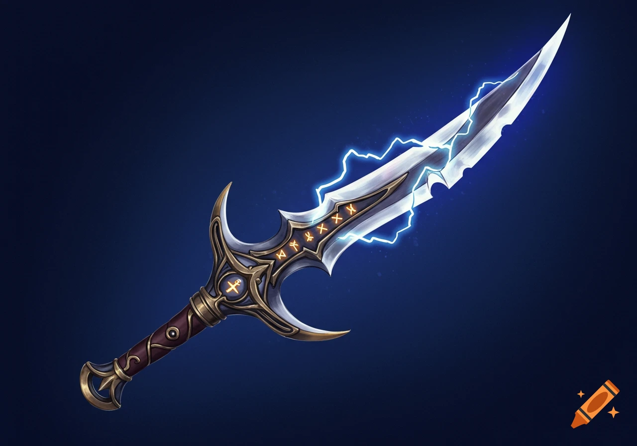 A magical sword with lightning bolts and glowing runes. on Craiyon