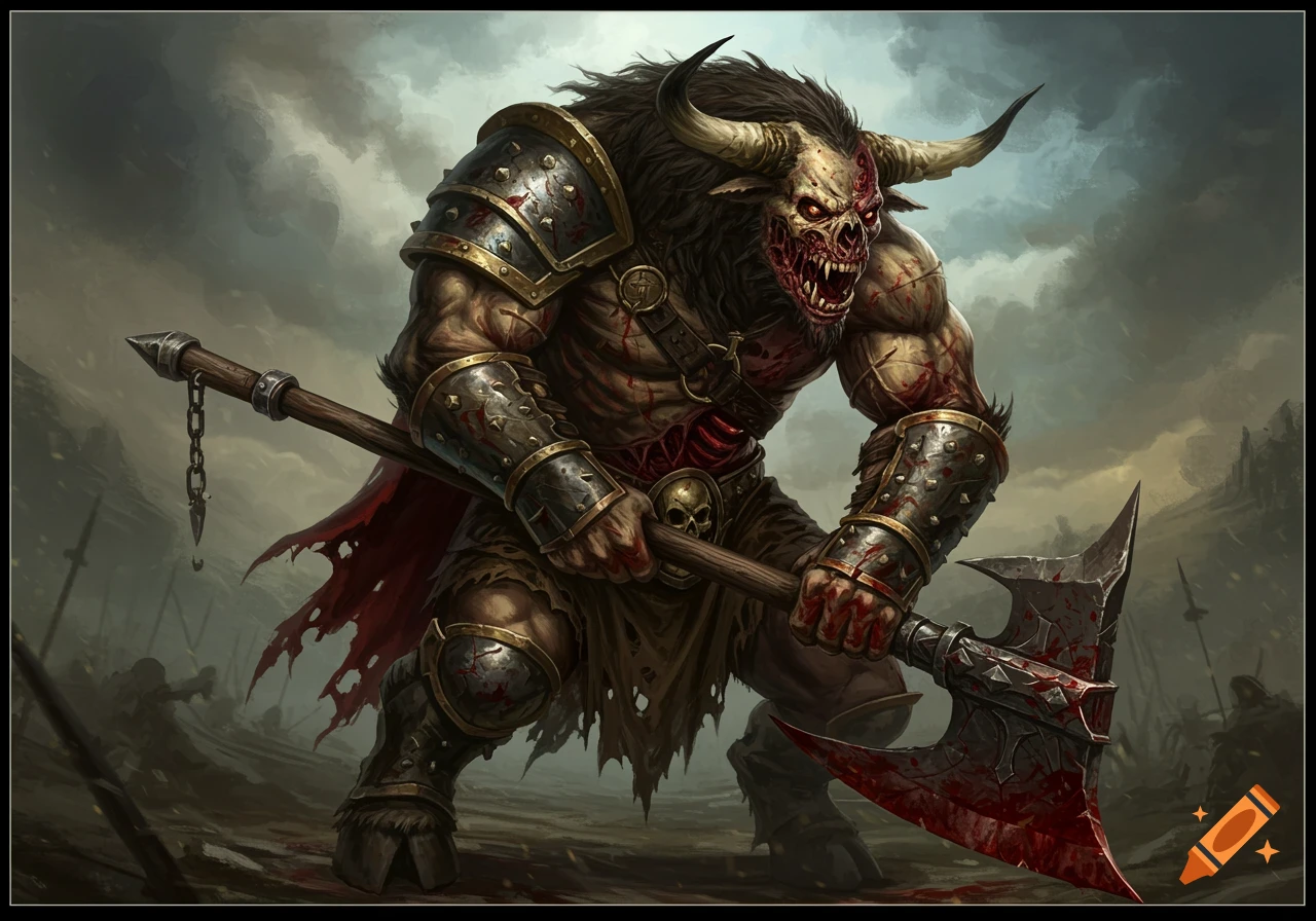 An undead minotaur with decayed face and bloody axe stands on a ...