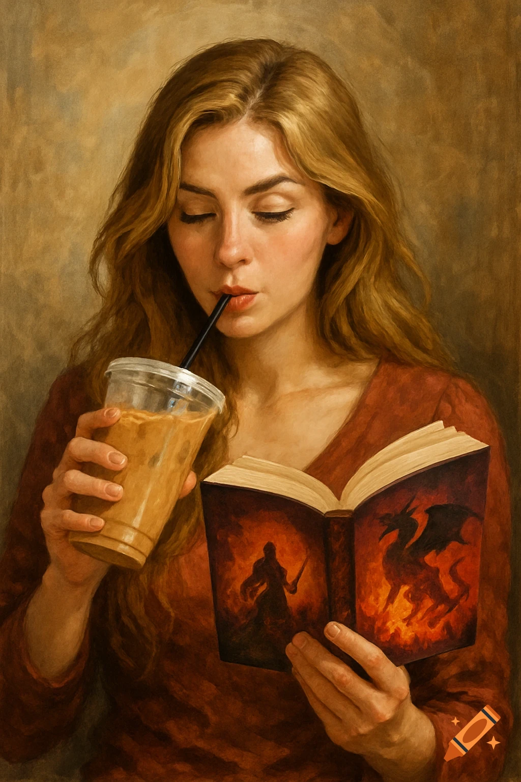 A woman with long hair sips iced coffee while reading a fantasy book ...