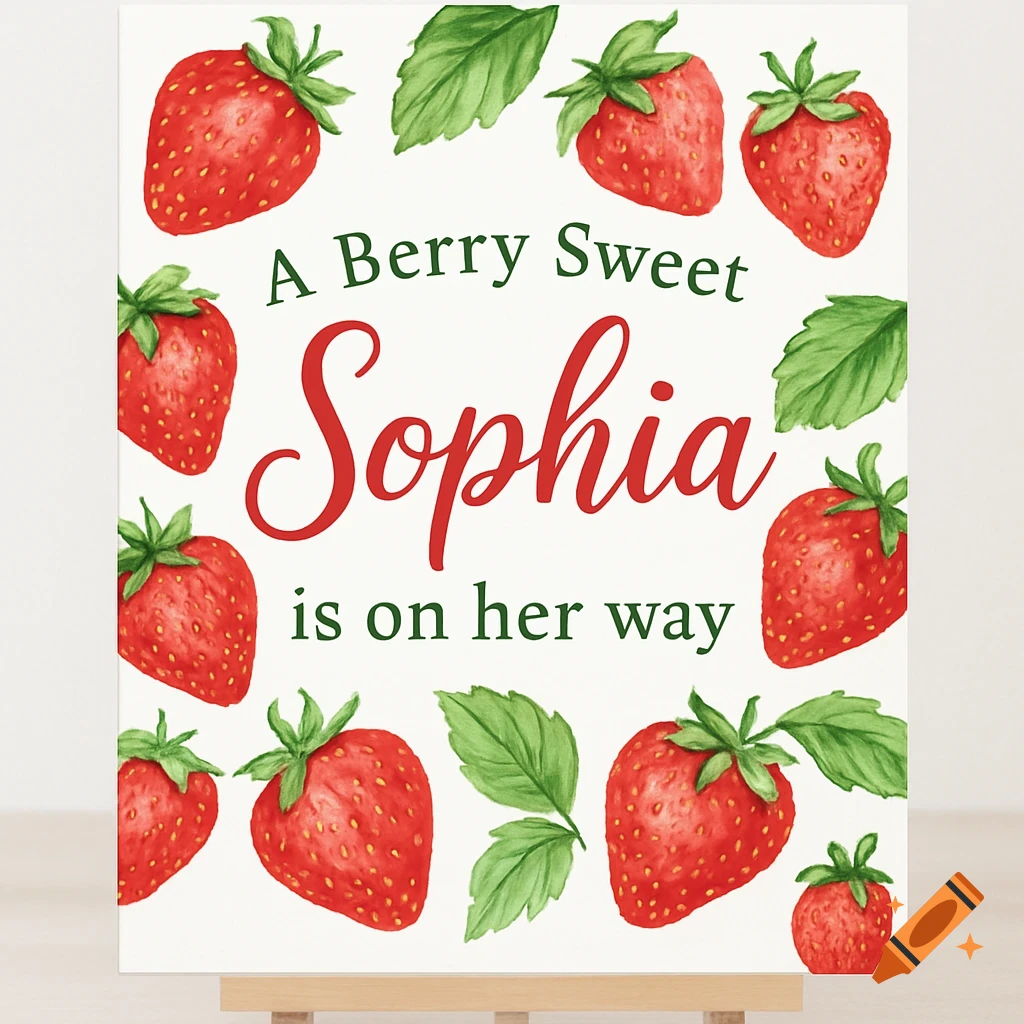 Watercolor sign with strawberries and text "A Berry Sweet Sophia is on ...