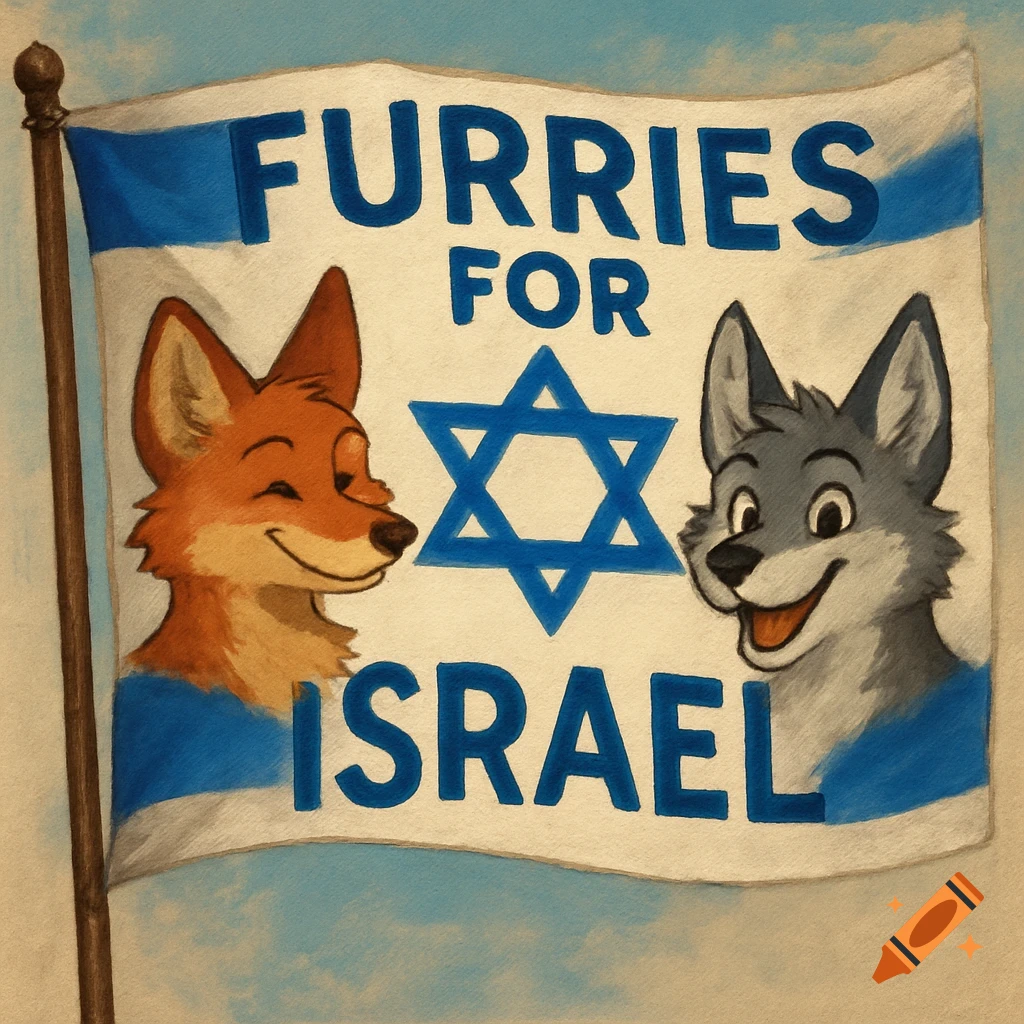 A cartoon furry fox and wolf stand beside a Star of David on a flag ...