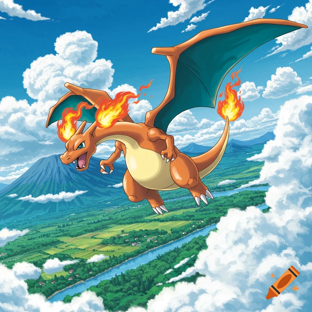 Charizard flies through clouds over a green landscape with a river and ...