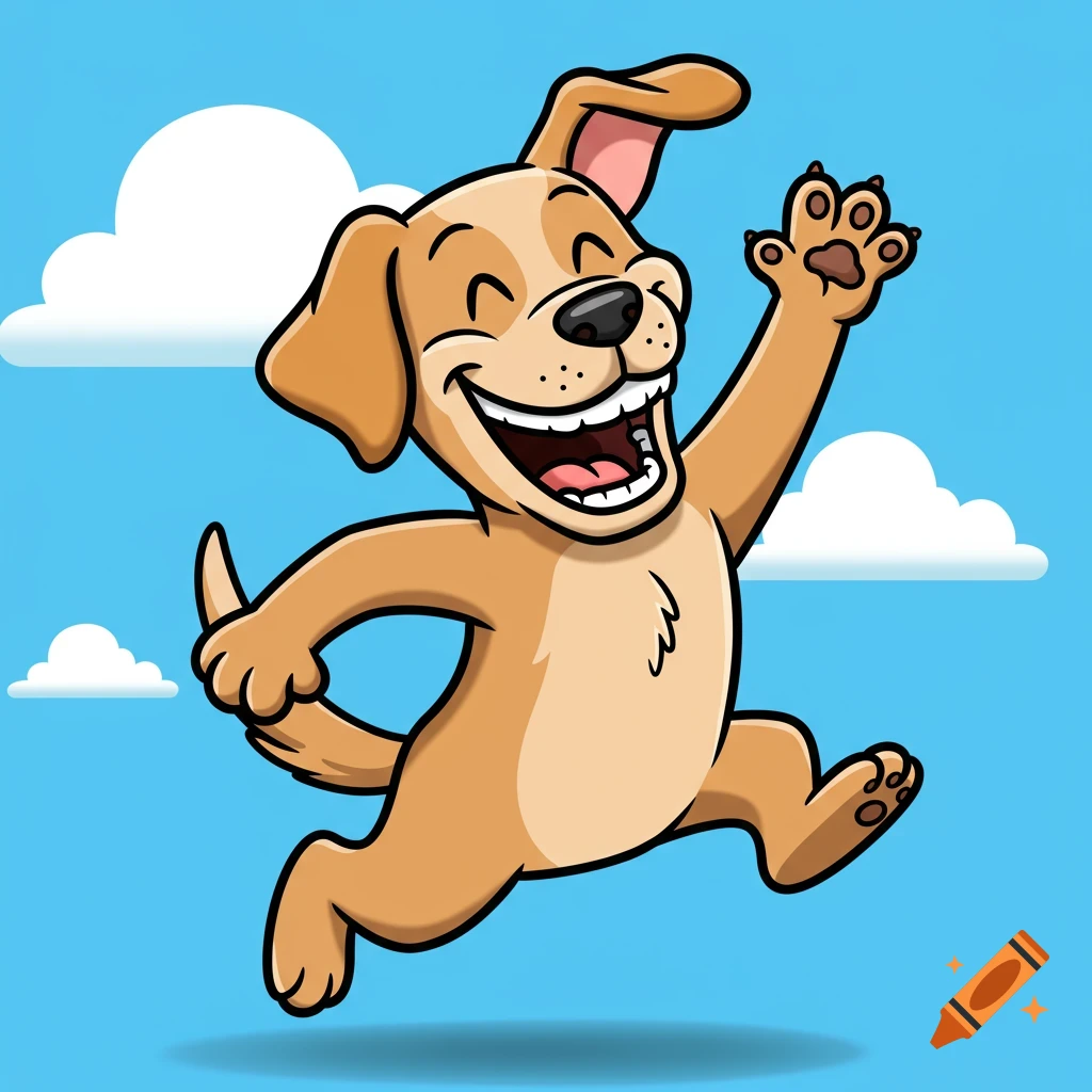 A happy cartoon dog jumps in the air and waves a paw. on Craiyon