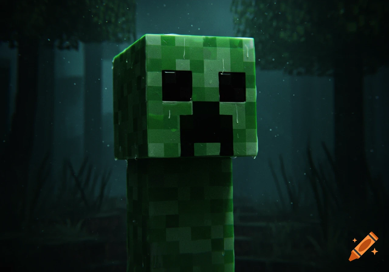 A realistic rendering of a Minecraft Creeper standing in a dark forest ...