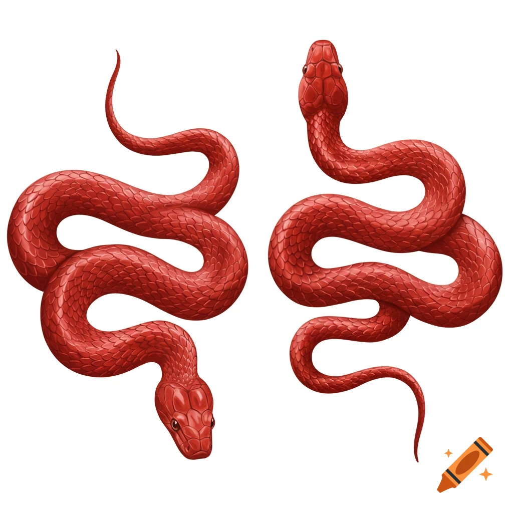Two realistic red snakes wriggling on a white background on Craiyon