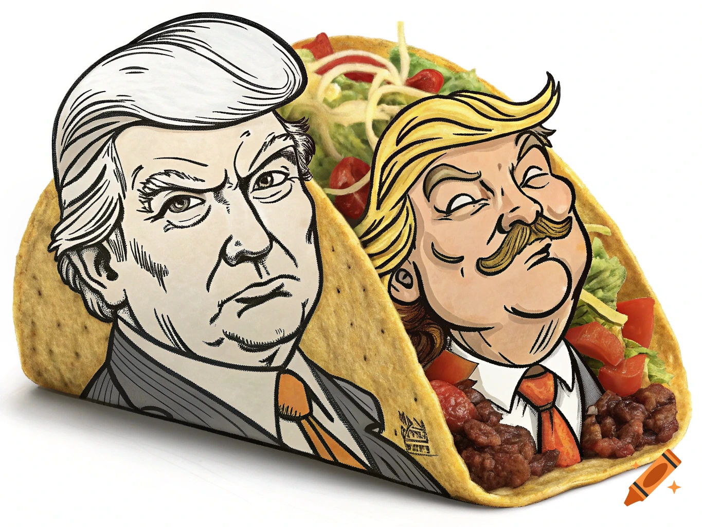 Cartoon caricature of two Donald Trump figures inside a taco filled ...