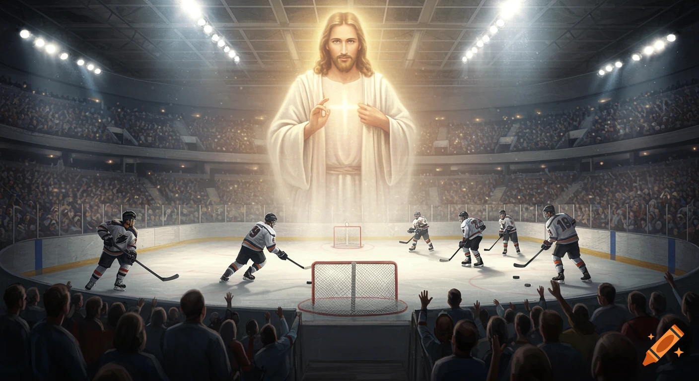 Jesus hovers over a hockey game in an arena, surrounded by players and ...