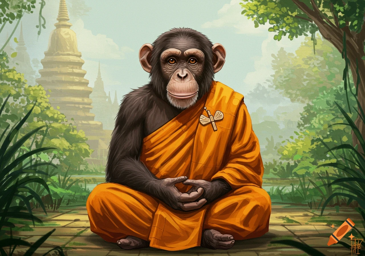 A chimpanzee in orange monk robes meditates in front of a temple. on ...
