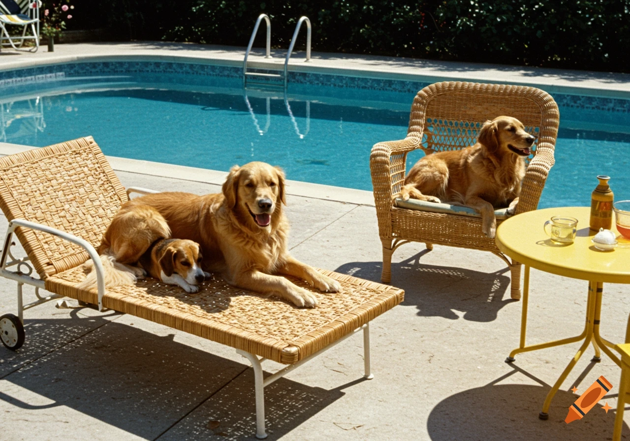 Two dogs lounging on patio furniture by a swimming pool on a sunny day ...