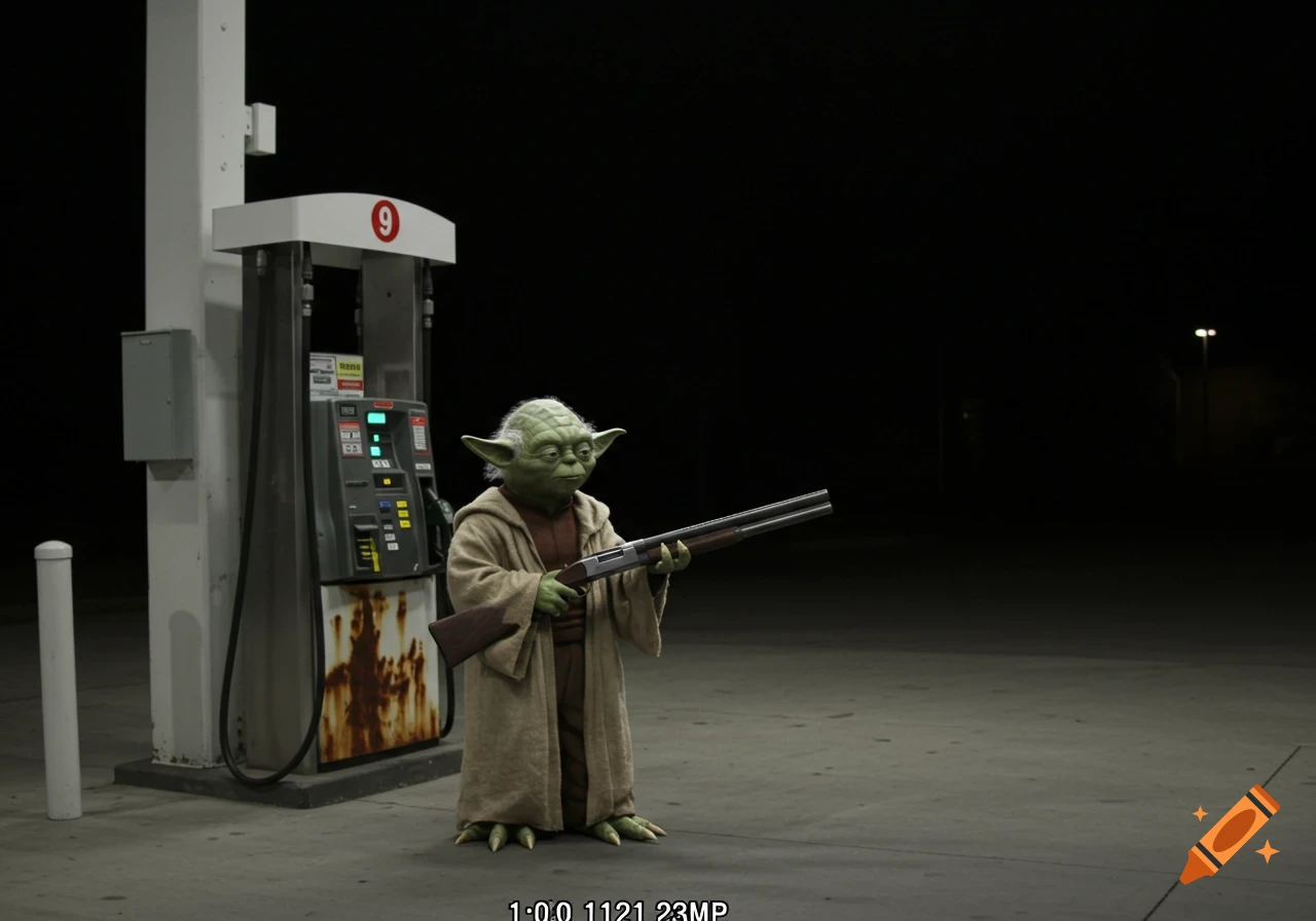 Yoda stands at a gas pump at night, holding a shotgun in a ...