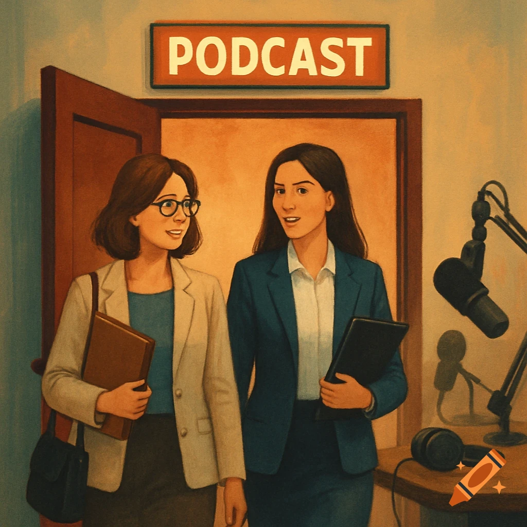 Two women walk into a room under a sign that reads PODCAST. on Craiyon