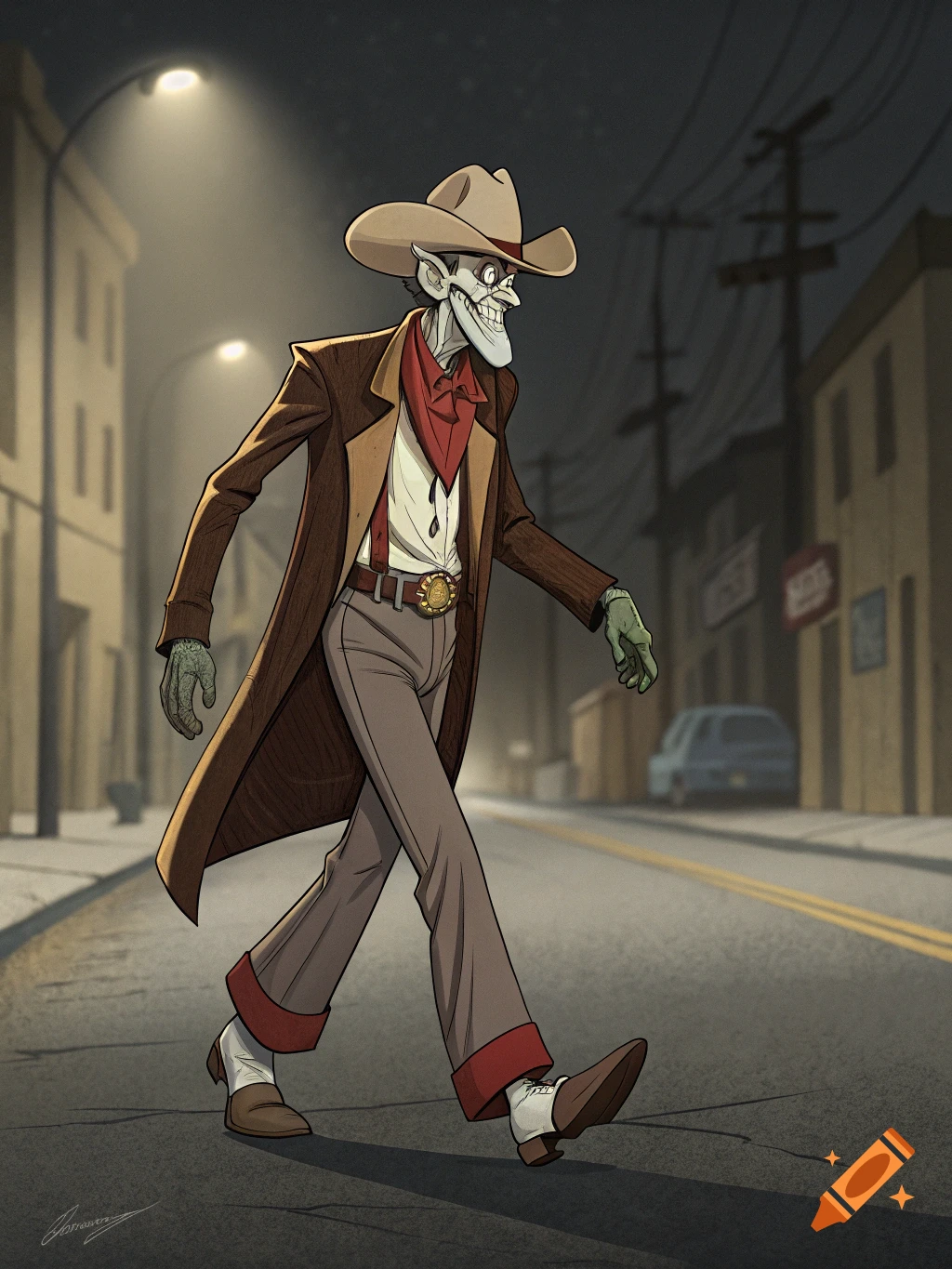 Cartoon illustration of a tall, grinning figure in a cowboy hat and ...