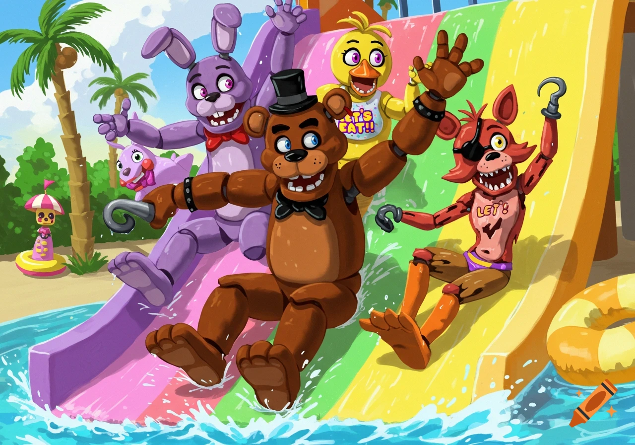 FNAF characters Freddy, Bonnie, Chica, Foxy on a water slide, cartoon style. on Craiyon