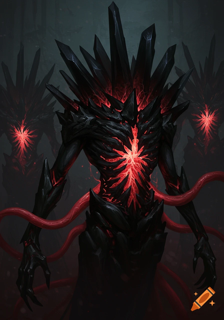 Dark fantasy creatures made of black spiky material with glowing red ...