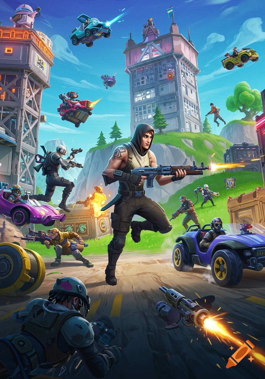 Stylized video game scene with characters fighting, driving vehicles ...