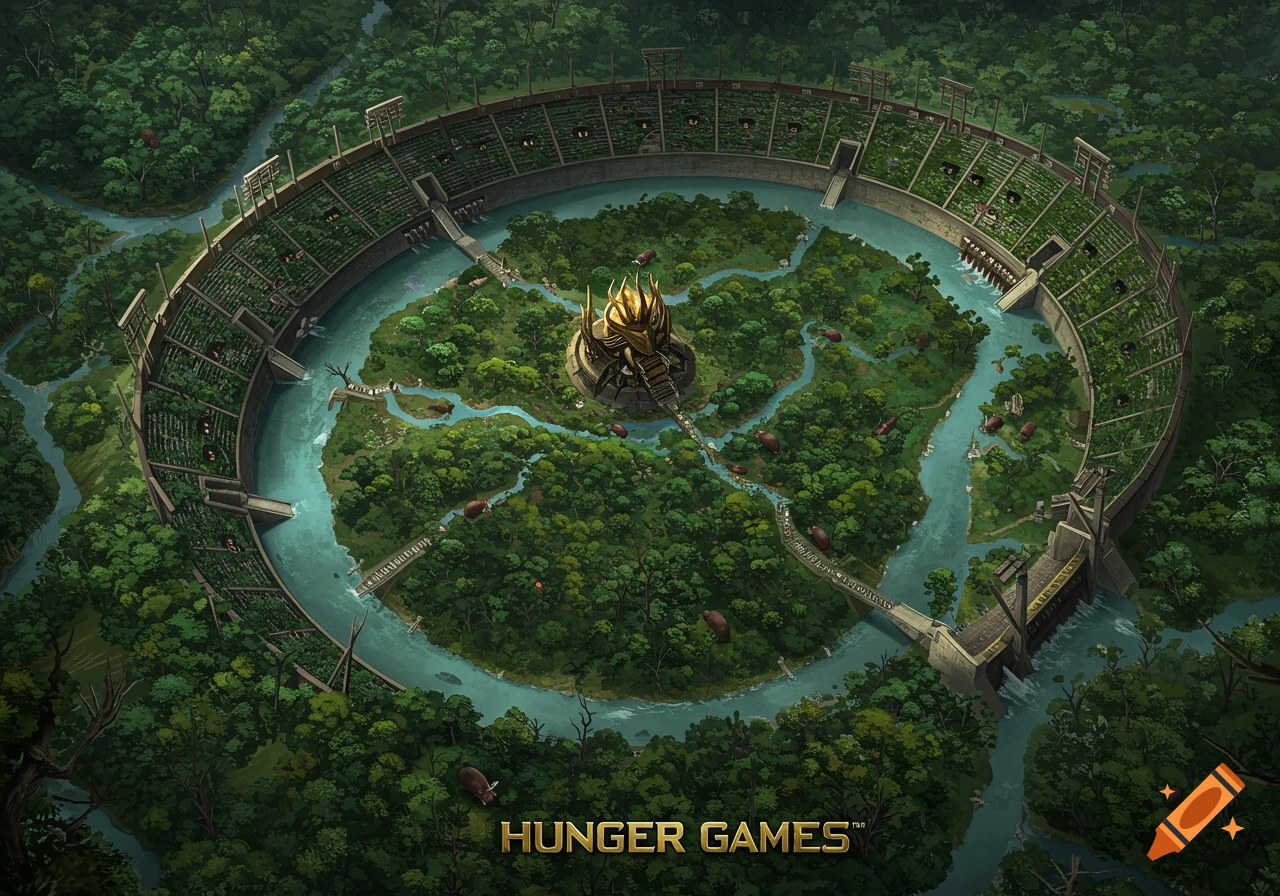 Aerial view of a circular forest arena with a river, central structure ...