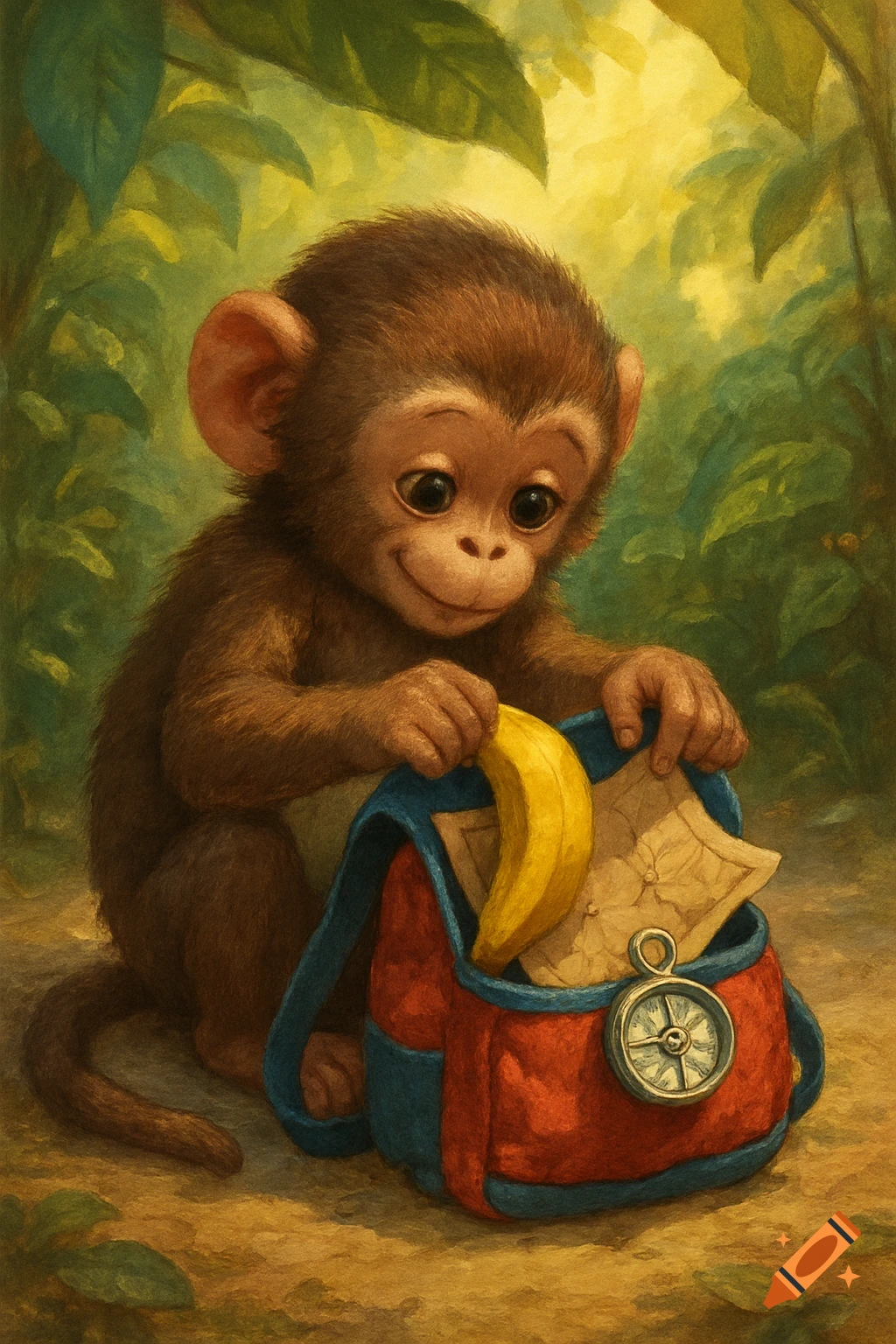 Cute baby monkey packing a backpack with a banana, map, and compass in ...