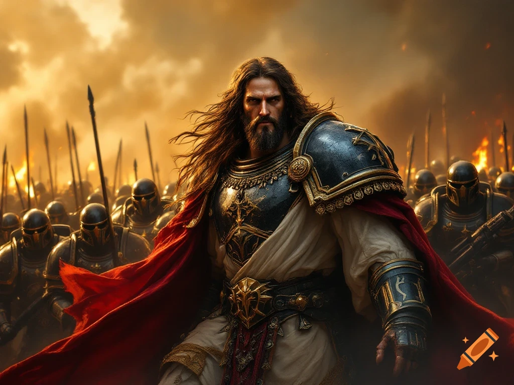 Hyperrealistic photo of a man in ornate armor and red cape leading an ...