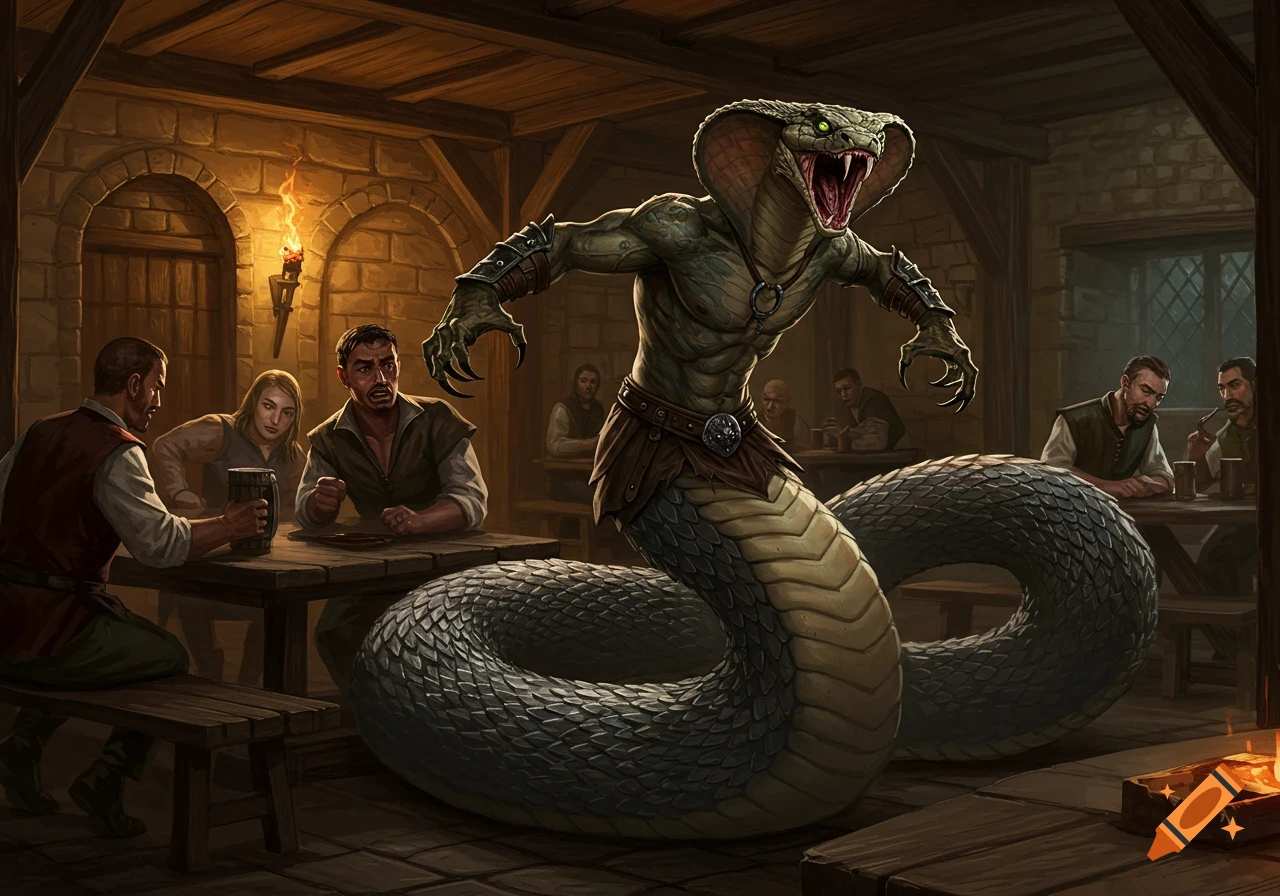 A humanoid cobra monster with a tail strikes a pose in a medieval ...