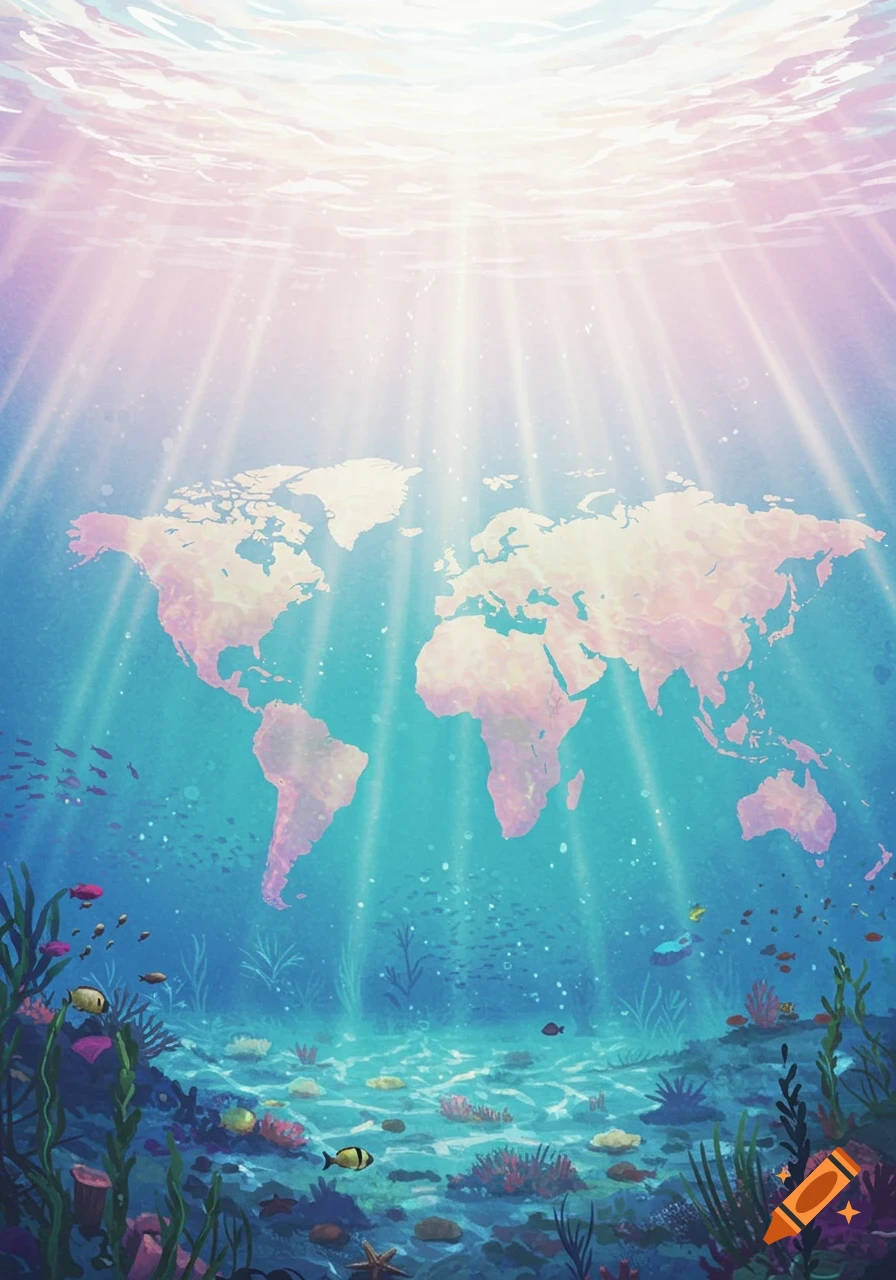 Illustration of a world map submerged underwater with sunlight rays ...